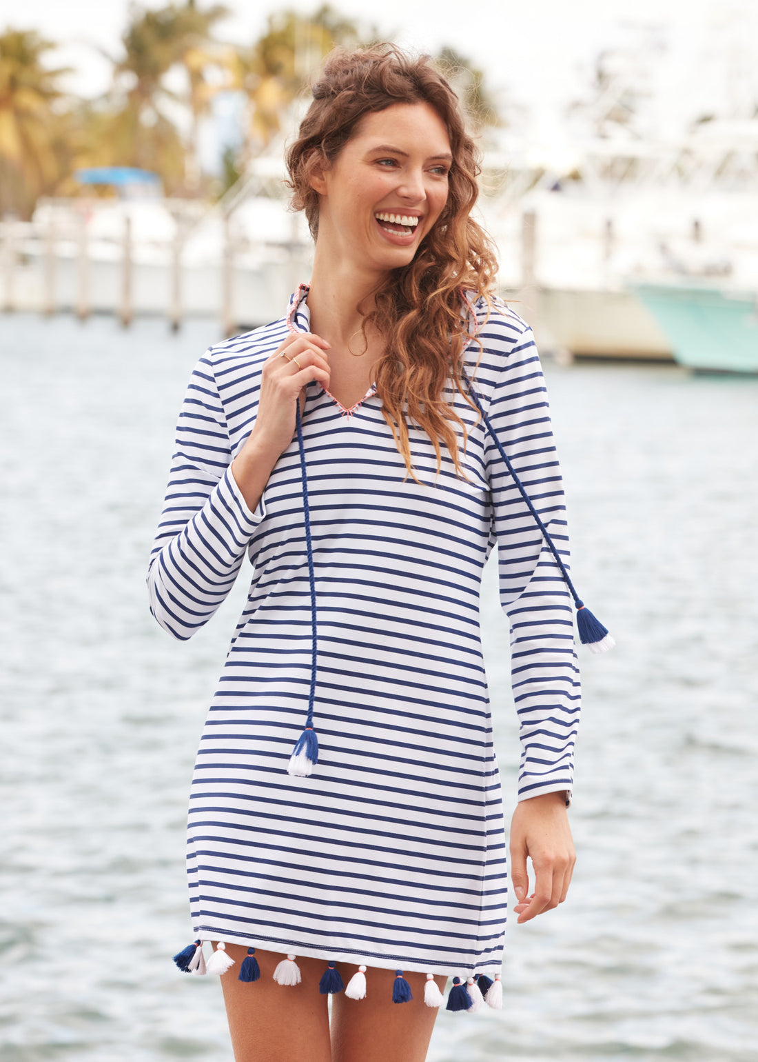 Women's Navy Stripe Hooded Cover Up | UPF 50+