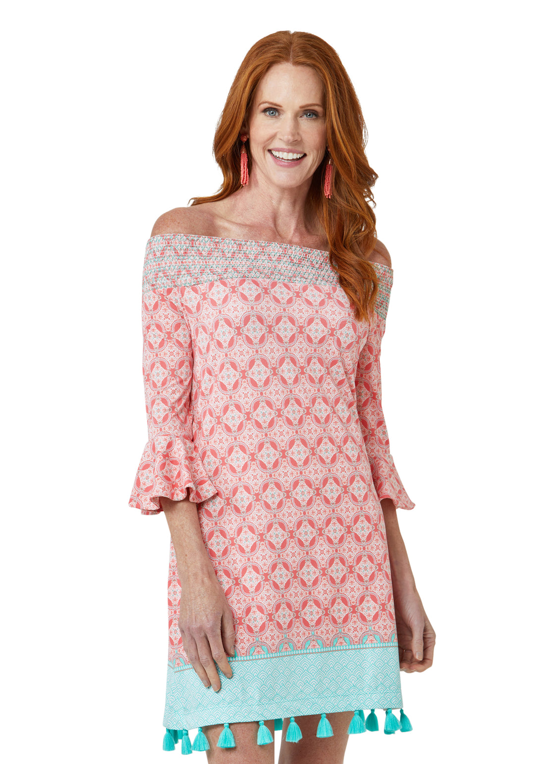 Coral Tides Off the Shoulder Dress